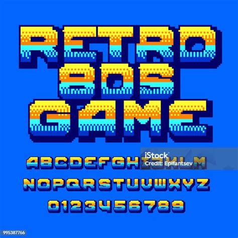 레트로 80 년대 컴퓨터 게임 알파벳 글꼴 디지털 픽셀 그라데이션 글자와 숫자 1980 1989 년에 대한 스톡 벡터 아트 및