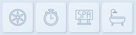 세트 라인 리프 식물 자연 스파 살롱 간판 스톱워치 및 욕조 흰색 정사각형 버튼 벡터 0명에 대한 스톡 벡터 아트 및 기타 이미지 Istock