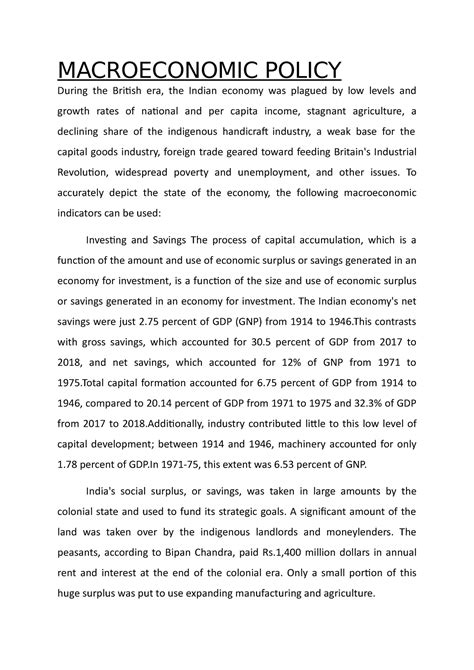 Macroeconomic Policy Macroeconomic Policy During The British Era The