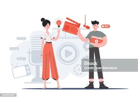 남자와 여자는 그들의 전체 높이에 서서 영화 클래퍼 보드와 영화 화면을 잡고 있습니다 생각 프리젠 테이션 사이트를위한 요소 감독에 대한 스톡 벡터 아트 및 기타 이미지