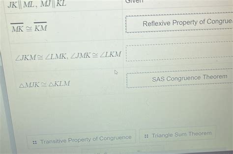 Solved Jk Ml Mj Kl Given Overline Mk≌ Overline Km Reflexive Property Of Congrue ∠ Jkm≌ ∠ Lmk