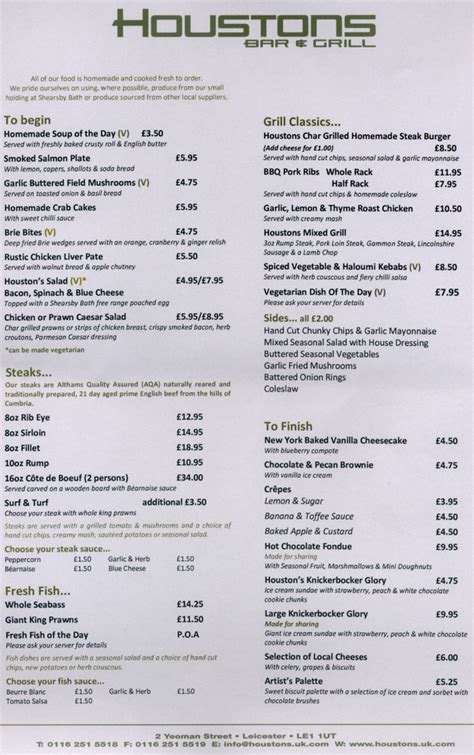 Houstons Pub Food Restaurant On Yeoman St Leicester Everymenu