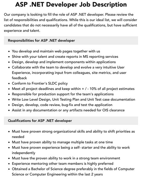 Asp Net Developer Job Description Velvet Jobs