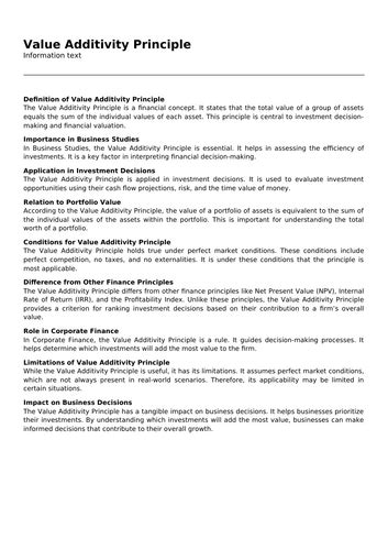 value additivity principle teaching resources