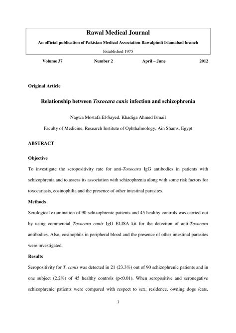 Pdf Relationship Between Toxocara Canis Infection And Schizophrenia
