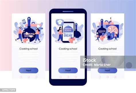 요리 학교 요리 마스터 클래스 온라인 부엌 도구와 음식이 모자에 작은 요리사 모바일 스마트 폰화면 템플릿입니다 현대 플랫 만화 스타일 흰색 배경의 벡터 그림 가정 생활에