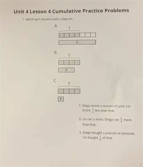 Unit 4 Lesson 4 Cumulative Practice Problems Match Each Situation With A Diagram A B C Y Diego