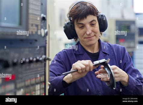 Worker Measuring With Caliper Area Automated Cnc Lathes Machined Indecober Machining Of