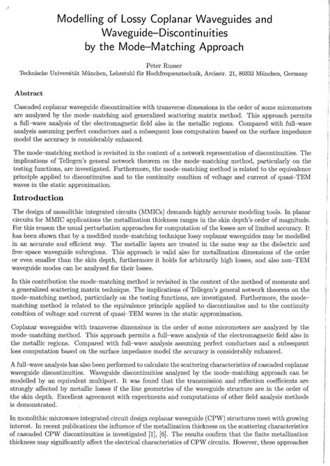 Pdf Modelling Of Lossy Coplanar Waveguides And Waveguide Discontinuities By The Mode Matching