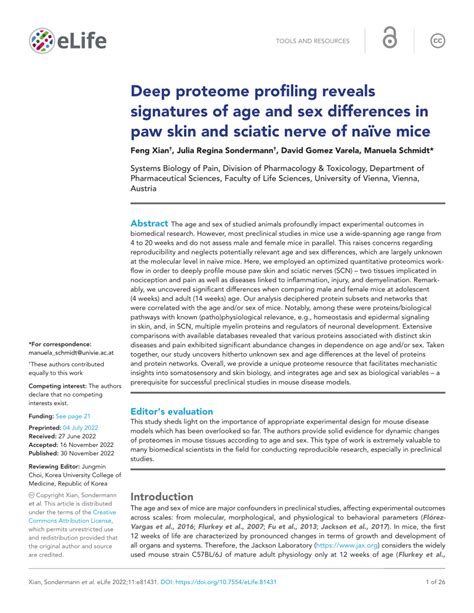 Pdf Deep Proteome Profiling Reveals Signatures Of Age And Sex Differences In Paw Skin And