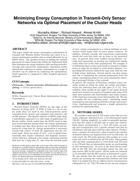 Pdf Minimizing Energy Consumption In Transmit Only Sensor Networks Via Optimal Placement Of