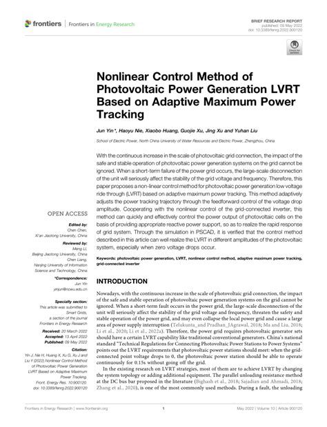 Pdf Nonlinear Control Method Of Photovoltaic Power Generation Lvrt