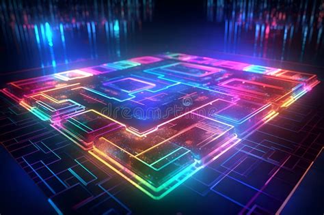 Supercomputer Cpu And Gpu Circuits Mother Board Interconnection With Neon Glowing Light Stock