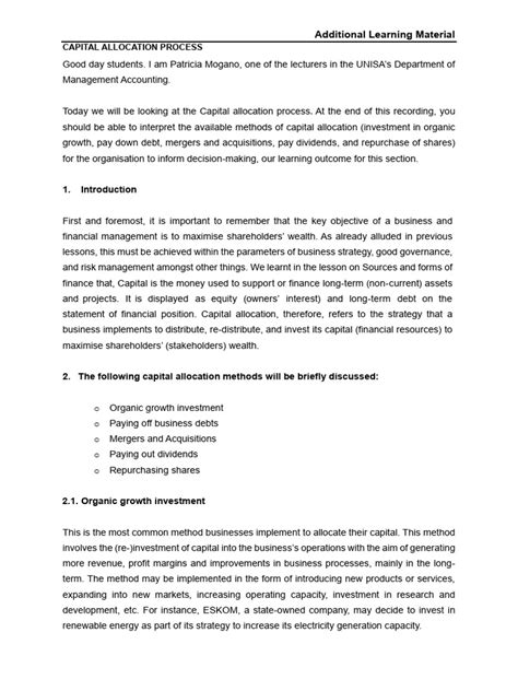 Capital Allocation Process Podcast Script Pdf Financial Capital