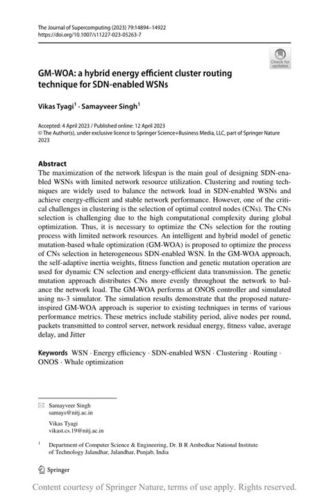 Gm Woa A Hybrid Energy Efficient Cluster Routing Technique For Sdn Enabled Wsns Request Pdf