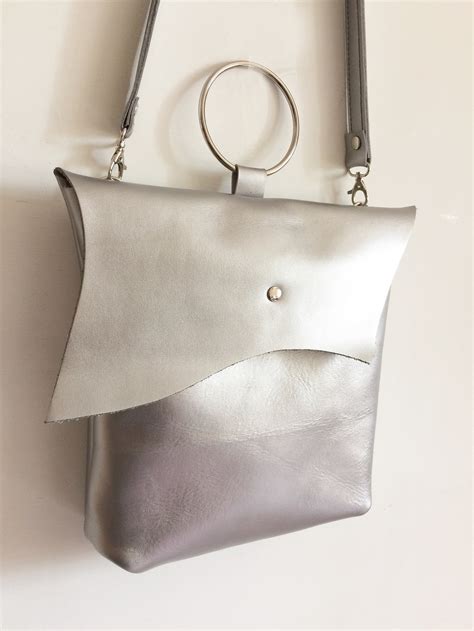 Silver Leather Bag Silver Crossbody Bag Silver Leather Purse Leather