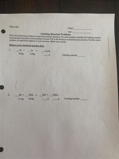 Solved Chem 200 Name Lab Limiting Reactant Problems Solve
