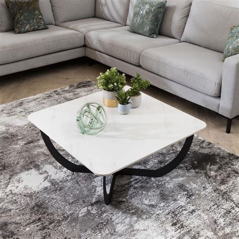 Small Square Coffee Table Premium White Marble Effect Ceramic 80cm