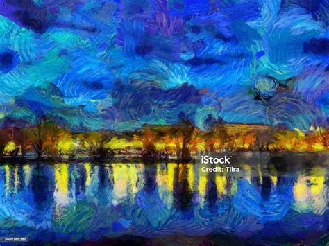 유화 도시 풍경 현대 디지털 아트 인상주의 기술 빈센트 반 고흐 스타일의 모방 회화에 대한 스톡 벡터 아트 및 기타 이미지 회화 그림 그리기 인상주의 Istock
