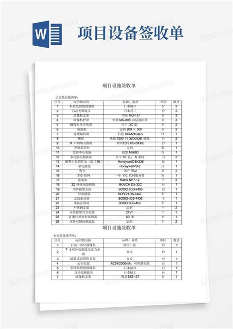 项目设备签收单word模板下载 编号qpmzgzmn 熊猫办公