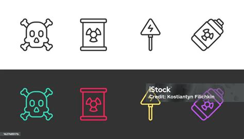 세트 라인 뼈와 두개골 경고 방사성 폐기물 배럴 고전압 표시 및 원자력 배터리를 흑백으로 설정합니다 벡터 검은색에 대한 스톡