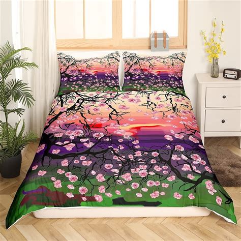 Cherry Blossom Bedding Set Flower Branch Duvet Cover Japanese Style Botanical Landscape