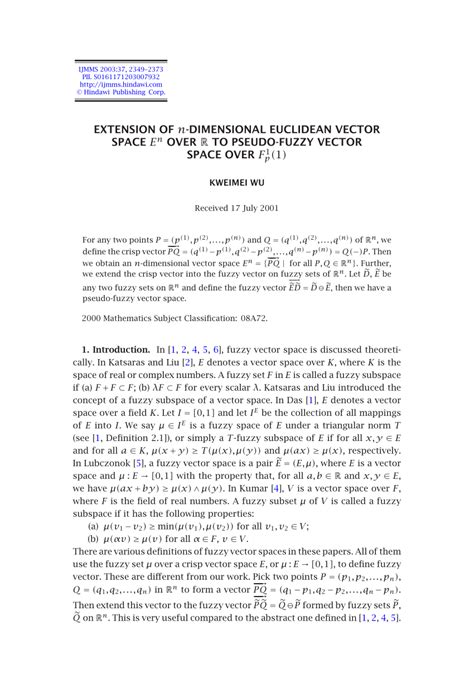 Pdf Extension Of N Dimensional Euclidean Vector Space En Over ℝ To Pseudo Fuzzy Vector Space