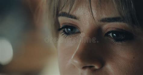Female Eyes Blinking Looking At Computer Screen Surfing On Internet Young Girl Working At