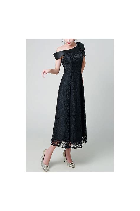 Black Lace One Shoulder Tea Length Party Dress 629784 S1827