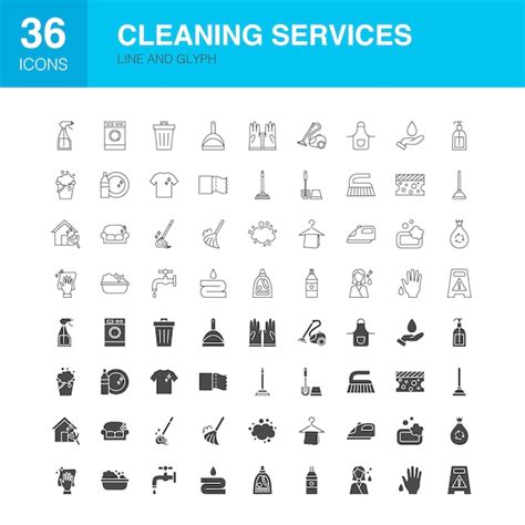 청소 서비스 라인 웹 글리프 아이콘입니다 개요 및 솔리드 기호 벡터 일러스트 레이 션 프리미엄 벡터