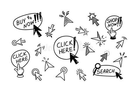 Doodle Click Icon Set Hand Drawn Mouse Cursor Press Here Tap Button