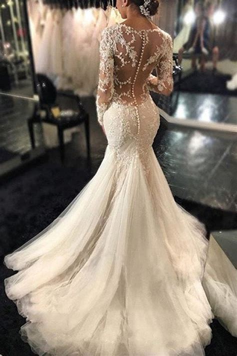 Long Sleeve Lace Mermaid Wedding Dresses Sexy See Through Long Custom