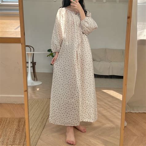 에셀 빅사이즈 잔꽃 봄여름가을 롱원피스 광목 아사면 임산부 수유 77사이즈 잠옷 홈웨어 위시버킷