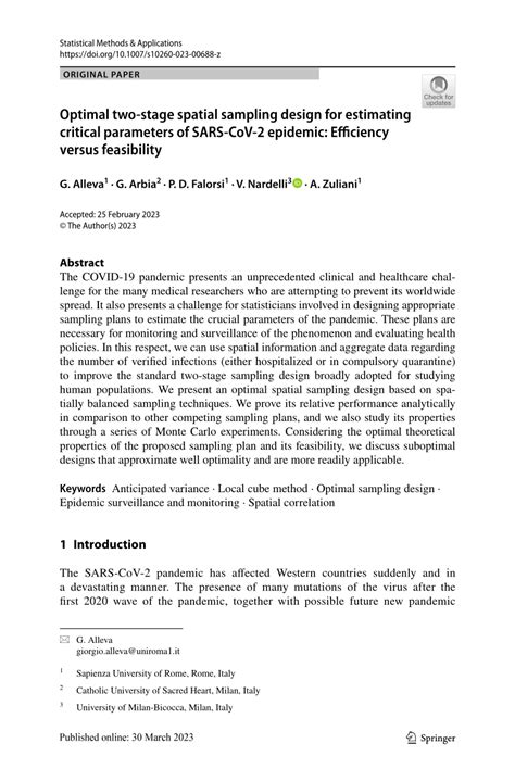 Pdf Optimal Two‑stage Spatial Sampling Design For Estimatingcritical Parameters Of Sars‑cov‑2