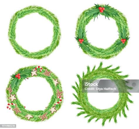 수채화 다채로운 크리스마스 화환 세트입니다 가문비 나무 가지 호랑 가시 나무 잎과 열매 진저 브레드 별과 사탕 지팡이 흰색 배경에 고립 된 최소한의 화려한 손으로 그린 문