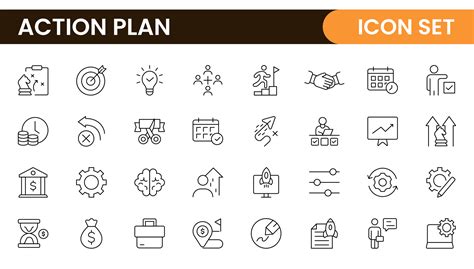 Line Icons About Action Plan Contains Such Icons As Search Strategy Target Scheme Timeline