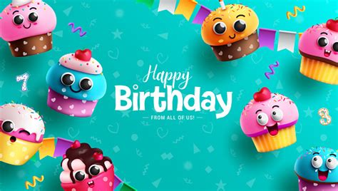 생일 축하 텍스트 벡터 디자인입니다 귀엽고 컵케이크가 있는 생일 텍스트는 파란색 배경에 있습니다 0명에 대한 스톡 벡터 아트 및