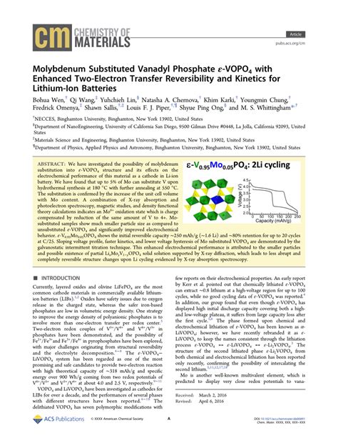 Pdf Molybdenum Substituted Vanadyl Phosphate ϵ Vopo4 With Enhanced Two Electron Transfer