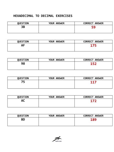 Hexadecimal To Decimal Exercises Pdf
