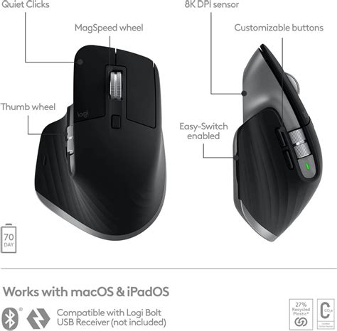 Logitech MX Master 3S For Mac Wireless Mouse 2 4GHz RF BT LE 8000dpi Darkfield Optical