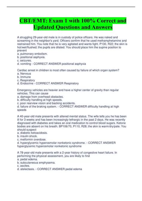 Cbt Emt Exam 1 With 100 Correct And Updated Questions And Answers Nremt Cbt Stuvia Us