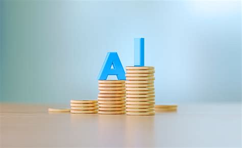 Ai 지출 개념 동전 스택에 앉아 파란색 문자는 초점을 분산 배경 전에 Ai를 작성 인공지능에 대한 스톡 사진 및 기타 이미지