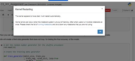 Week 1 Assignment Keep Getting The Message The Kernel Appears To Have