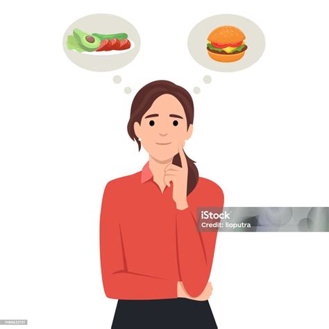 샐러드와 햄버거 건강하고 정크 푸드 중에서 선택하는 아름다운 여성 갈색 머리에 대한 스톡 벡터 아트 및 기타 이미지 갈색 머리 개념 개념과 주제 Istock
