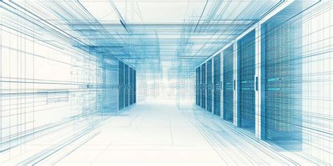 Futuristic Server Room Data Center Blueprint With Network Infrastructure And Technology Stock