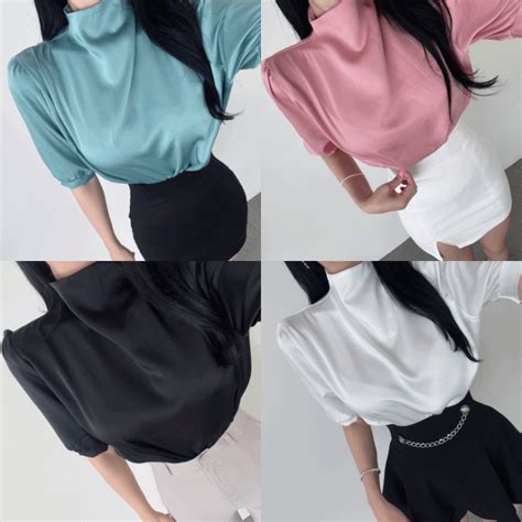 우체국 당일4color 고급 실키 드레이프 반목 블라우스 벌룬 반소매 Bl 퍼프 데일리 셔츠 남방 오피스룩 하객룩 호캉스룩 데이트룩 출근룩 여름 실크 새틴 찰랑 뒷지퍼o