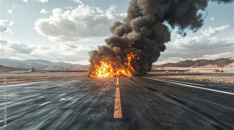 Massive Fiery Explosion With Dense Black Smoke On Airport Runway