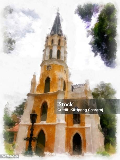 고대 교회 고딕 양식의 건축 수채화 스타일 일러스트 인상파 그림의 풍경 0명에 대한 스톡 벡터 아트 및 기타 이미지 0명 건축 고대의 Istock