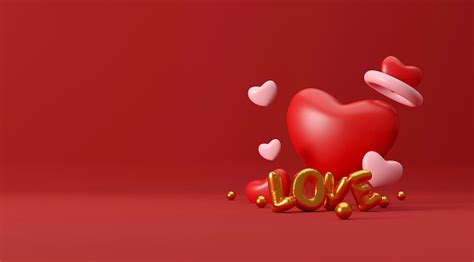 행복한 발렌타인 데이 배경 장식 축제 개체의 빨간 선물 상자 하트 모양과 사랑 단어 텍스트 풍선 인사말 카드 휴일 배너 디자인 3d 일러스트레이션 3차원 형태에 대한 스톡