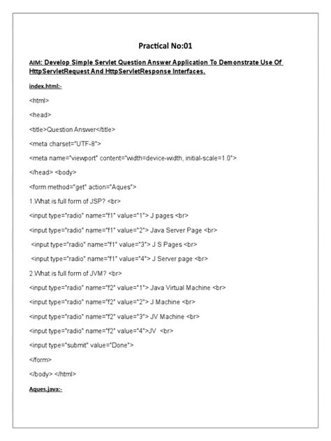 Practical No01 Aim Develop Simple Servlet Question Answer
